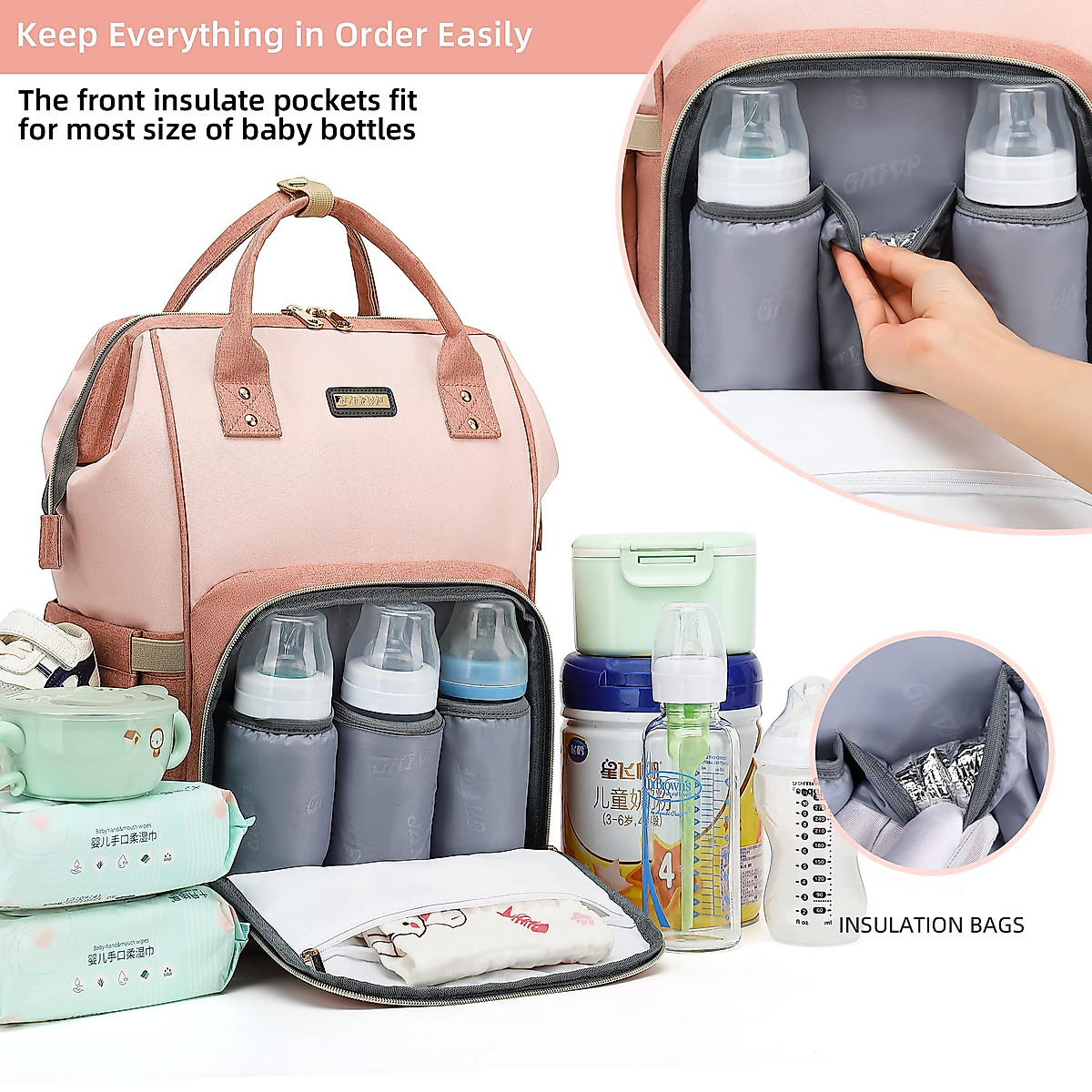 Diaper Bag Backpack, Diaper Bags For Baby Girls Boys, Baby Bags For Moms Dads, Baby Nappy Changing Bag With Insulated Pockets,Multi-Functional Waterproof Backpack With Stroller Straps -Pink light pink