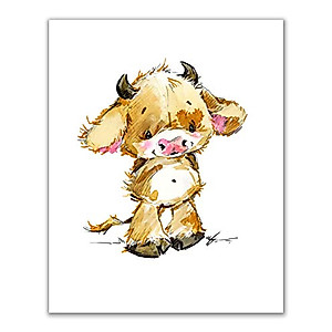 Watercolor Cartoon Cow Nursery Prints - Set of 4 (8x10) Inches Glossy Handpainted Cattle Taurus Dairy Livestock Bovinae Cute Farm Barn Holstein Kid's Baby Bedroom Wall Art Decor