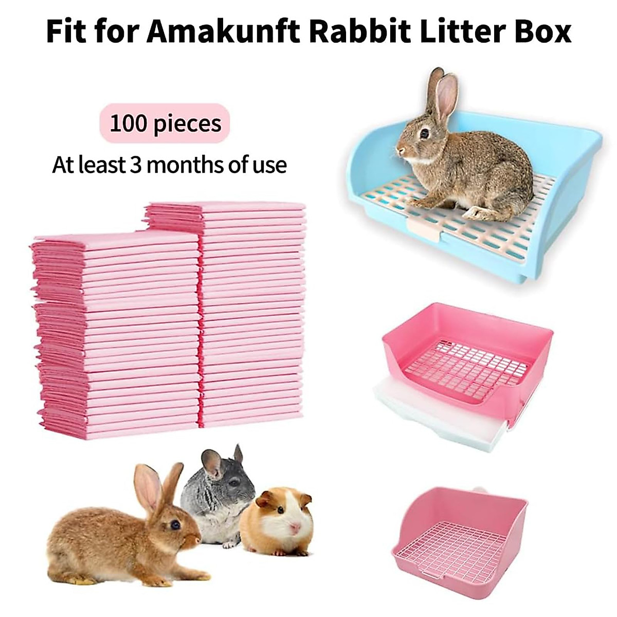 Amakunft Rabbit Pee Pads, Pet Toilet/ Potty Training Pads, Super Absorbent Guinea Pig Disposable Diaper for Hedgehog, Hamster, Chinchilla, Cat, Reptile and Other Small Animal (100pcs-18 x13, Pink)