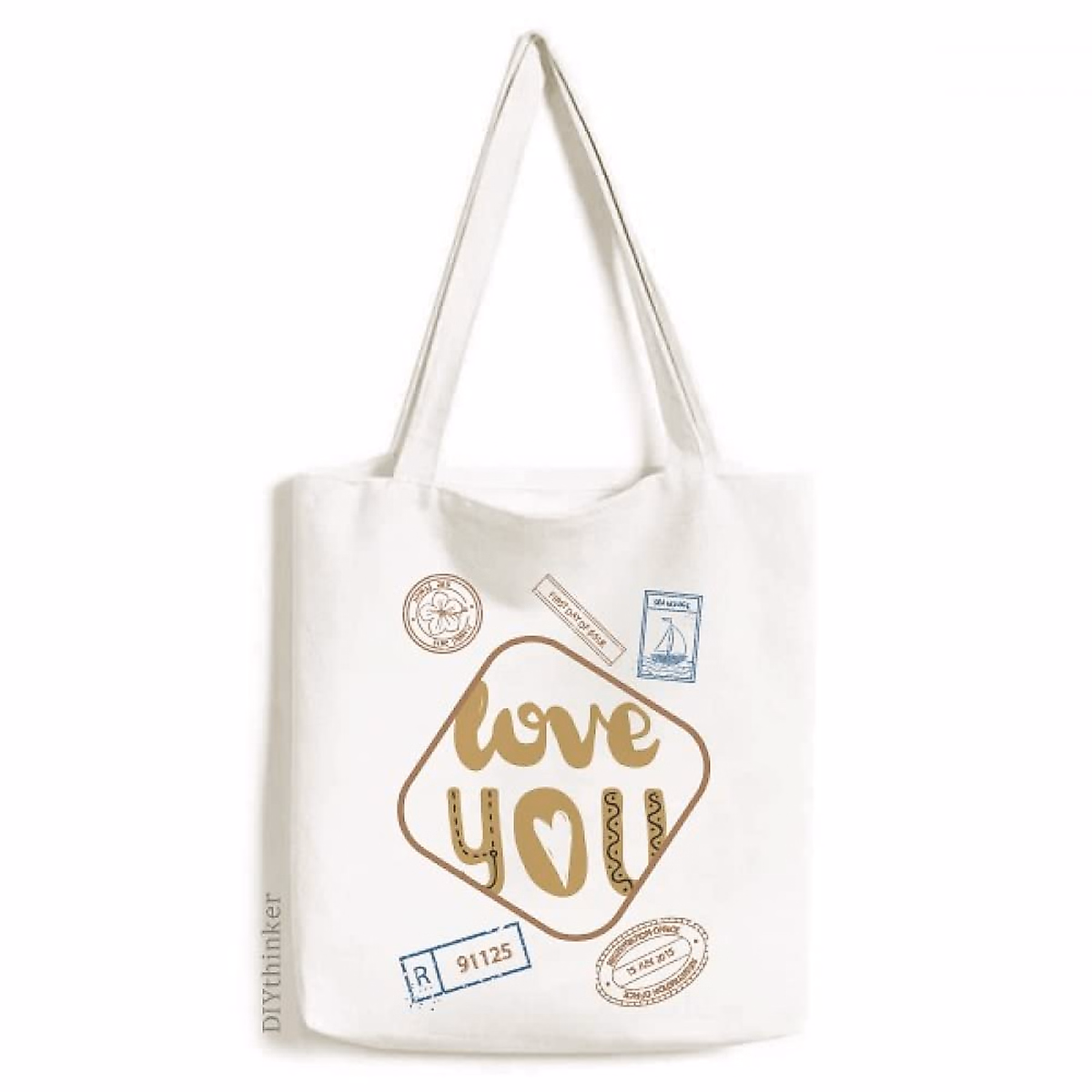 love you quote handwrite stamp shopping ecofriendly storage canvas tote bag