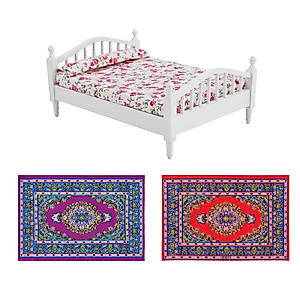 3Pcs Dollhouse Decoration Accessories, 1Pc Mini Dollhouse Furniture Bed and 2Pcs Miniature Carpet Turkey Rugs for Kids Gift