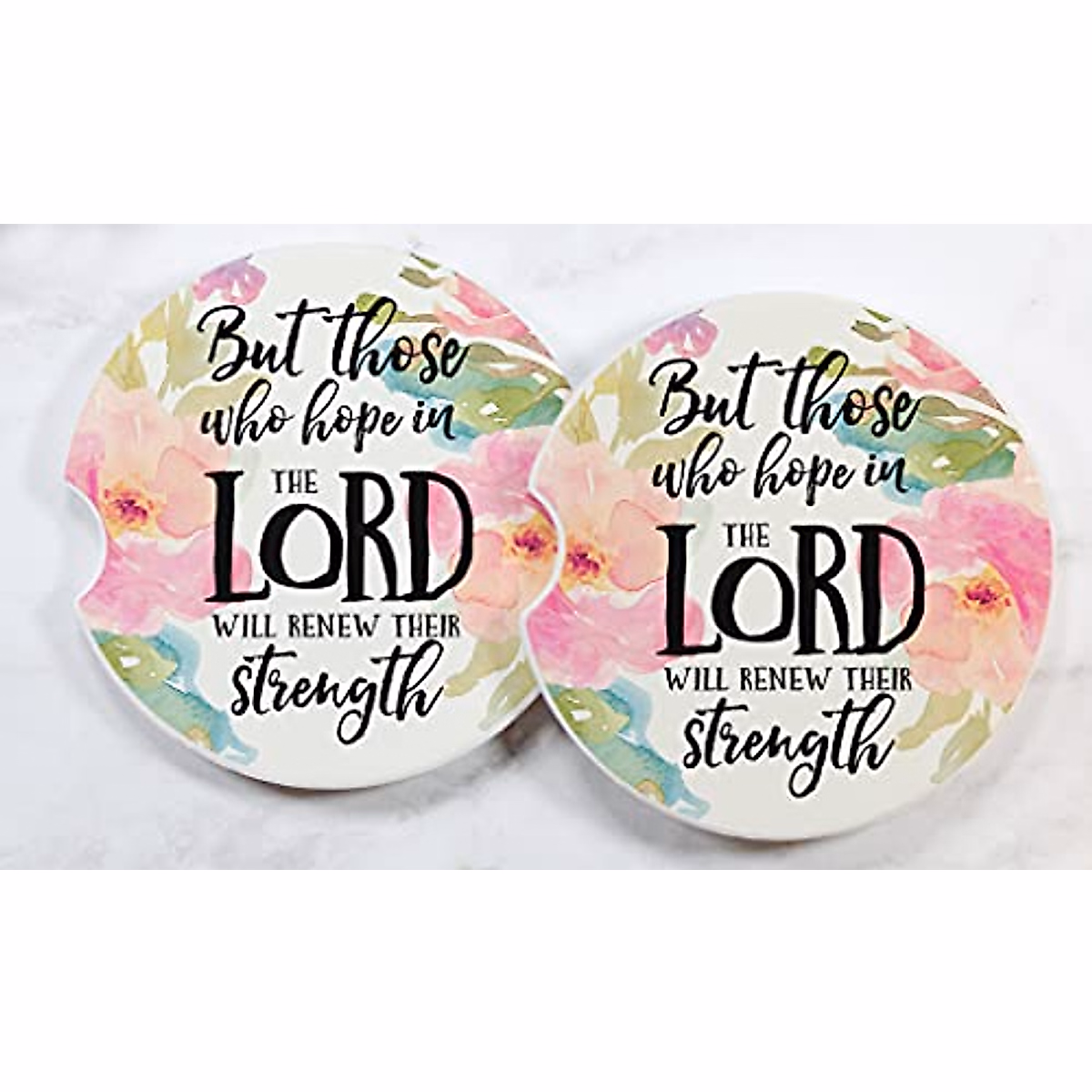 But Those Who Hope in The Lord Will Renew Their Strength - Christian Ceramic Car Coasters - Religious Gifts for Her (Pink Floral)