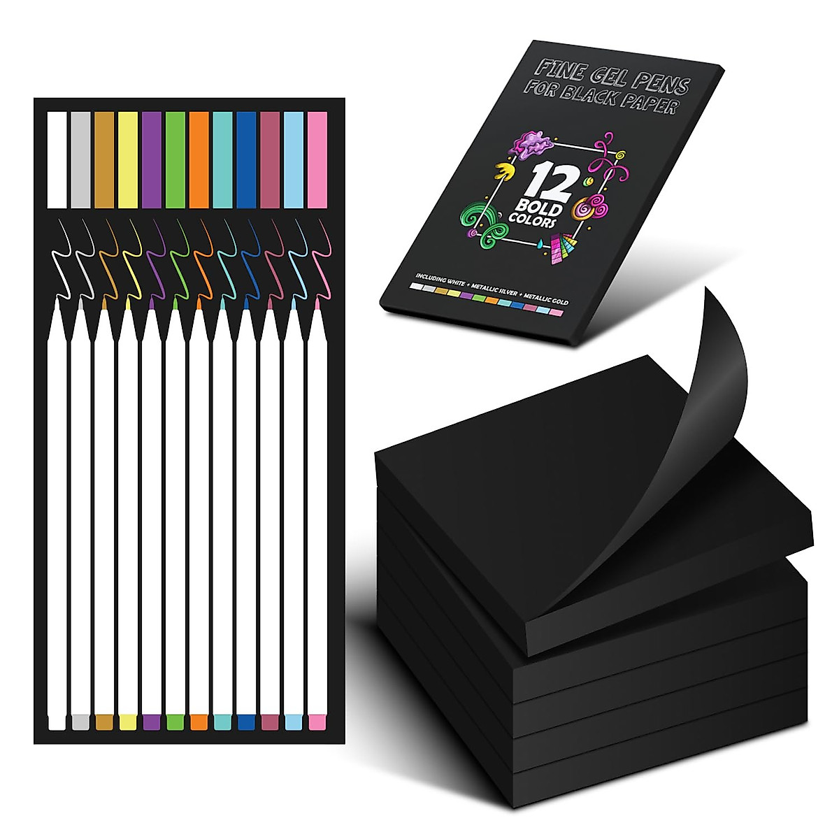 Black Sticky Notes and Gel Pens for Black Paper | 12 Metallic Pens for Black Paper, Including White Gel Pen, Gold and Silver | 3x3 Unique Sticky Notes 500ct | Gel Pens and Black Sticky Notes