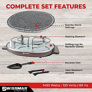 Swissmar 8-Person Raclette Party Grill with Granite Stone Top & Faux Wood Base - Electric Indoor Grill for Versatile Cooking - Includes Raclette Dishes & Spatulas, Ideal for Entertaining & Gifting