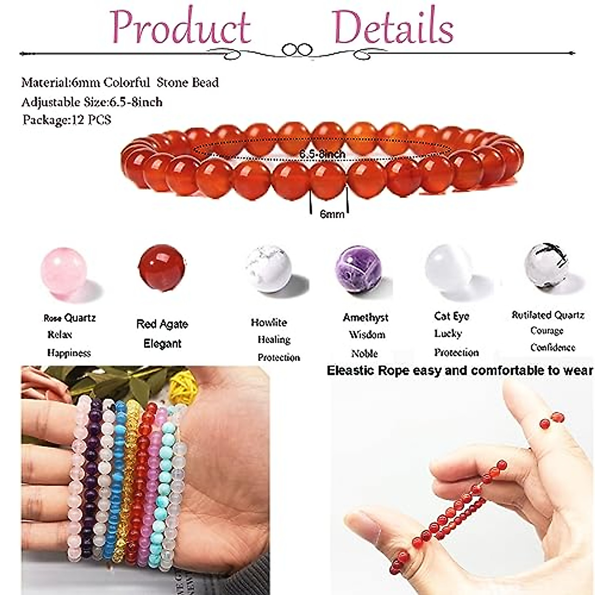 SONNYX 12Pcs Gemstone 6mm Semi Precious Round Beaded Bracelet Set For Women Men Healing Crystal Stretch Energy Stone Bead Bracelets Jewelry