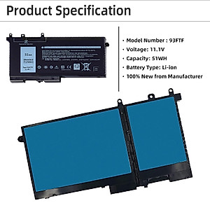 YXKC 51Wh 93FTF Battery for Dell Latitude 5580 5280 5480 5590 5490 5491 5290 5288 5488 5495 5591 E5580 E5480 E5280 E5590 E5490 E5290 E5591 E5491 Precision 15 3520 3530D4CMT 4YFVG 83XPC 451-BBZT 11.4V
