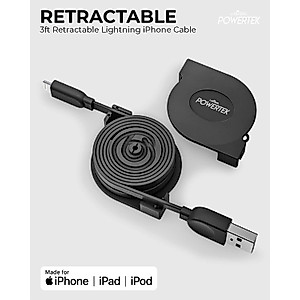 LIQUIPEL Powertek Retractable MFi Certified Charger Compatible for Apple iPhone, iPad, 3ft Cable, Lightning to USB Cable Cord, Fast Charging Lightning Cable (Black)