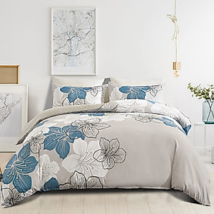 3 Pieces Duvet Cover Set King Blue Floral Pattern Comforter Cover Elegant Bohemian Floral Duvet Cover with 2 Pillow Cases Soft Lightweight Bedding Duvet Cover Set for Adults (Blue, 90"x 104")