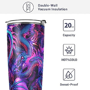 HXshaoye Cyberblue purple dragon Stainless Steel cups for hot and cold with Straw Leak Resistant Flip mug spill proof leak proof for School, Sports, Daycare, Camp & More leakproof 20oz coffee tumbler