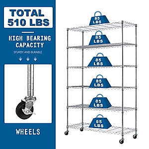 Hudada Garage Shelving 48 L×18 W×82 H Wire Shelving with Wheels Metal Storage Shelves Heavy Duty 6 Tier Adjustable Shelving with Casters for Restaurant Garage Pantry Kitchen Garage Rack - Chrome