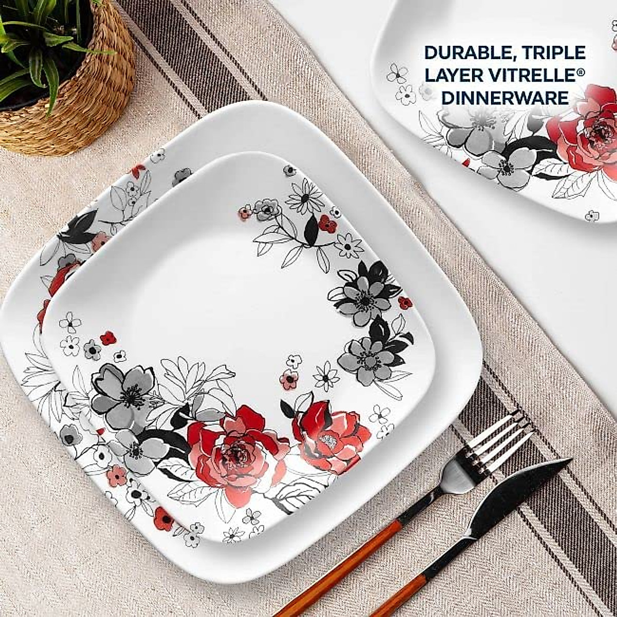 Corelle Chelsea Rose 16pc, Service for 4, Dinnerware Set, 8 plates 8 bowls, Chip & Break Resistant, Dinner Plates and Dinner Bowls, Corelleware Plates (1147225)
