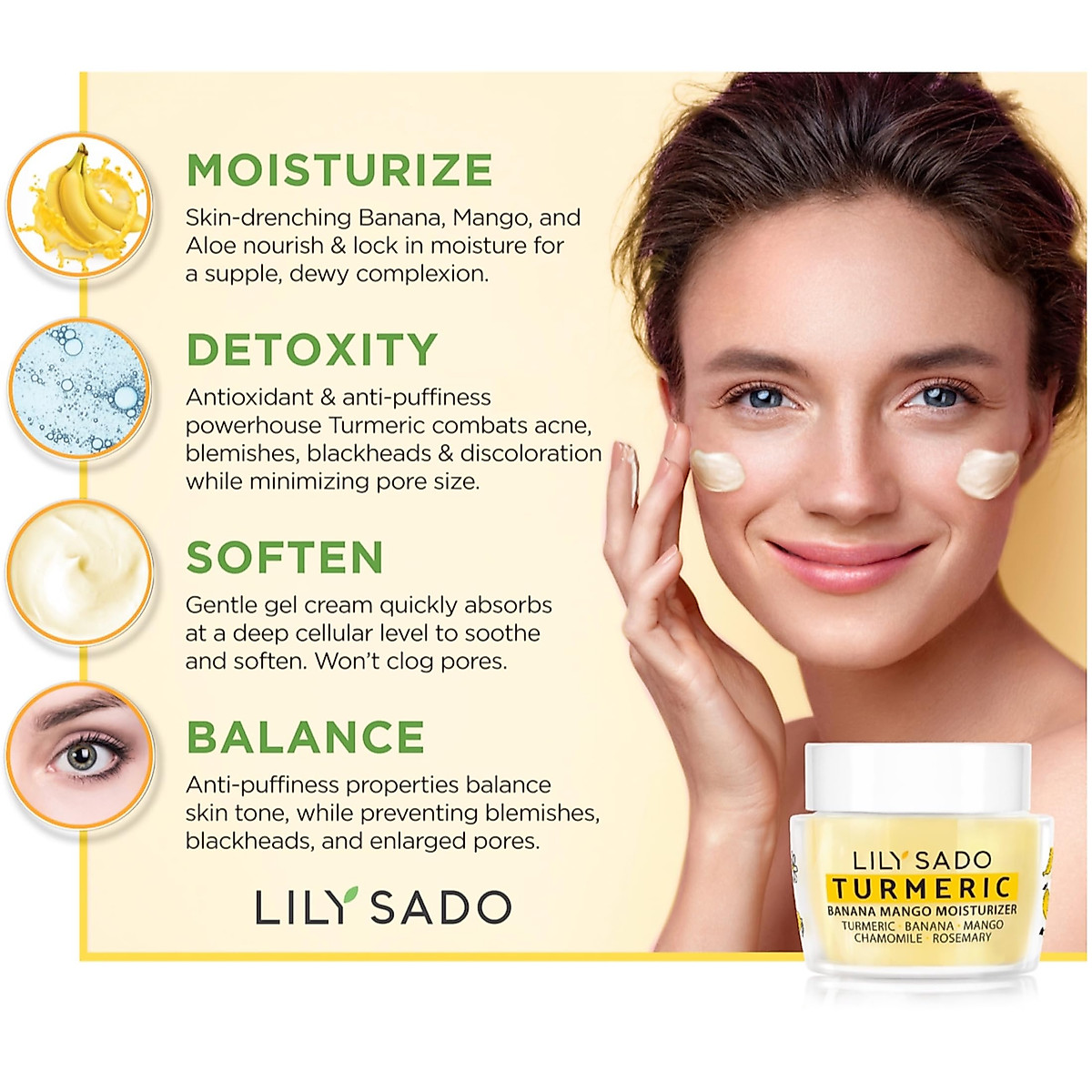 LILY SADO Turmeric Banana Mango Face Moisturizer - Luscious Creamy Nutrient-Rich Natural Daily Facial Cream w Chamomile & Rosemary - Vegan Anti-Aging Lotion For Wrinkles & Fine Lines