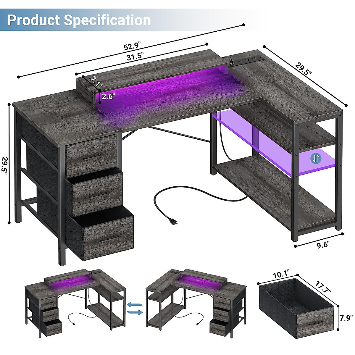 Aheaplus 53 Inch Gaming Desk with Power Outlets & LED Lights, Reversible L Shaped Computer Desk with 3 Drawers & Monitor Stand, Home Office Desk Corner Gamer Desk with Storage Shelves, Black Oak