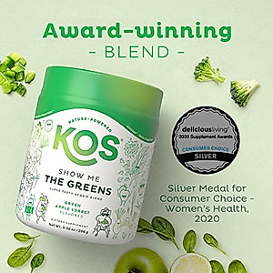 KOS USDA Organic Super Greens Powder - Plant Based Algae Superfood Blend with Spirulina, Chlorella & Wheatgrass - Keto, Vegan, Daily Green Juice Smoothie Drink - Green Apple Sorbet Flavor, 28 Servings