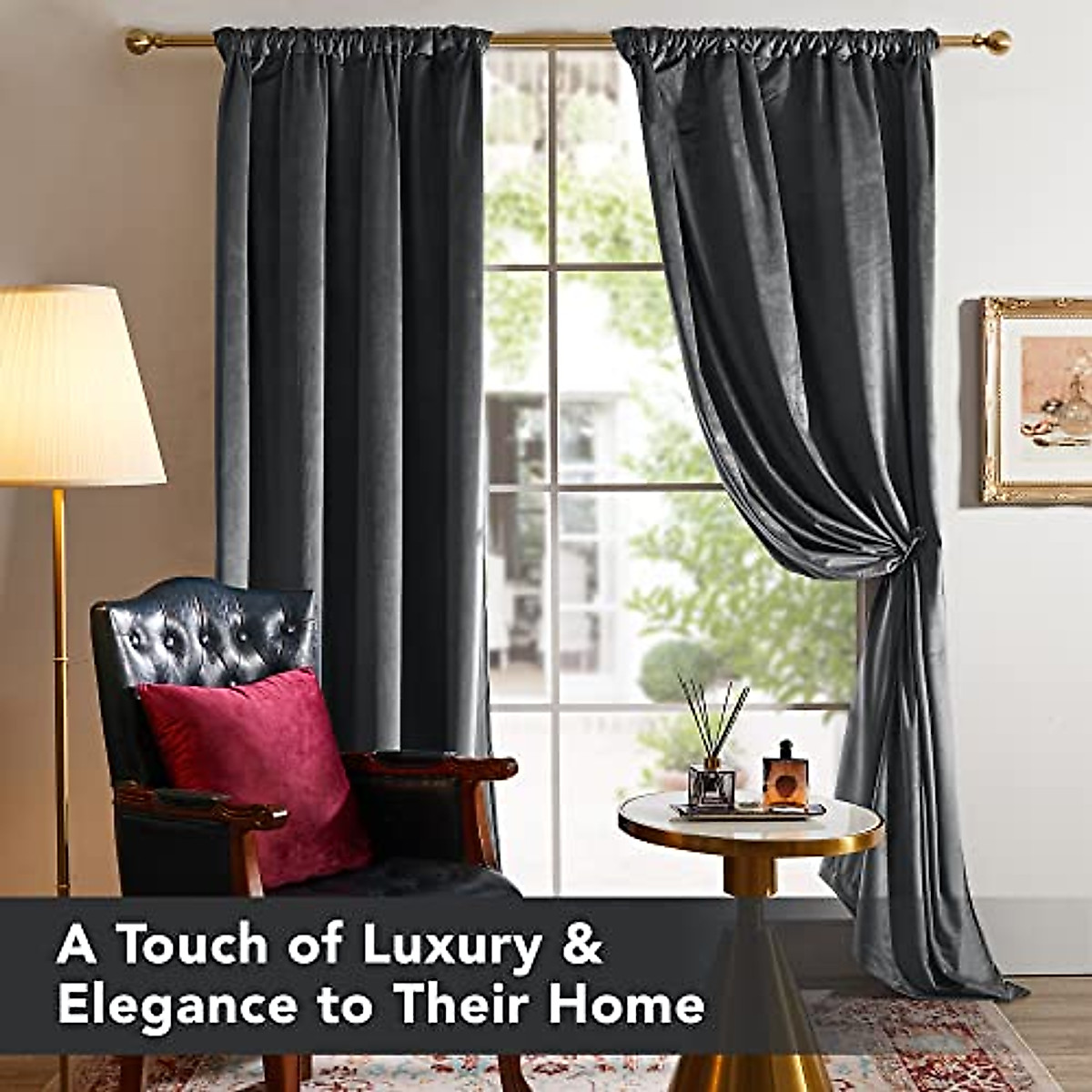 Deconovo Velvet Curtains 96 inches, 100% Blackout Curtain with Black Liner - 52x96 Inch, Luxury Curtains for Living Room, Rod Pocket and Back Tab Window Drape for Bedroom/Office, Dark Gray, 1 Panel