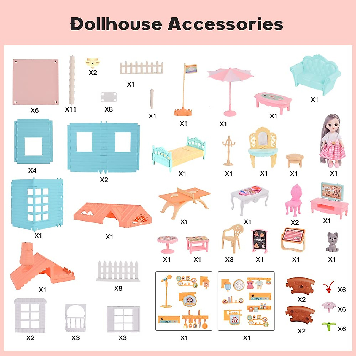 RASSR Doll House Kit 4-5 Year Old with Dollhouse Furniture & Accessories, Toddler Girls Princess Doll House 2-3 Year Old with Lights, Chimney and Garden Building Toys, DIY Pretend Dollhouse Playset