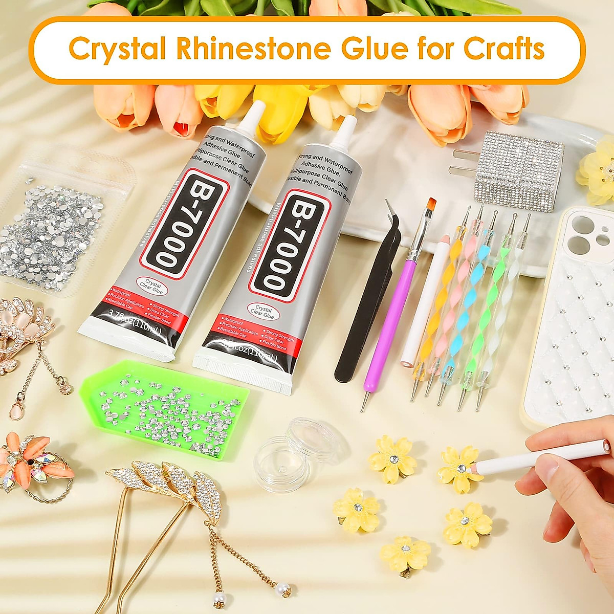 B7000 Glue Clear for Rhinestones, 2Pcs 110mL B-7000 Jewelry Bead Gem Glue with Crystal Rhinestones, Tweezer Dotting Rhinestone Tool for Clothe Fabric Shoes DIY Crafts Jewelry Making Nail Art