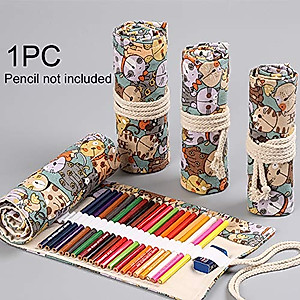 Canvas Pencil Roll Wrap 12/24/36/48 Holes, Multiuse Cartoon Cat Roll Up Pencil Case Large Capacity Pen Curtain for Coloring Pencil Holder Organizer