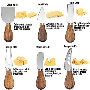 LGUIY 6-Piece Cheese Knife Set, Cheese Knives with Exquisite Box Cheese Slicer Cutters Fork Stainless Steel Slicer Wooden Handle Cheese Knife Gift Set