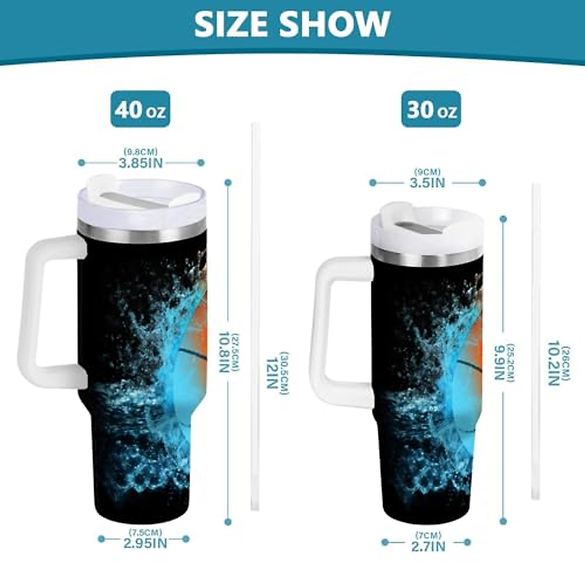 Caikeny Insulated Tumblers with Lid and Straw Basketball Sports 30 oz Reusable Stainless Steel Cup Water Fire Water Bottle Coffee Travel Tumbler Mug for Women Men