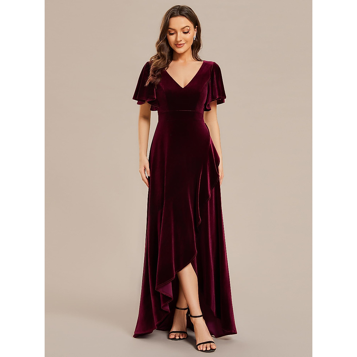 Ever-Pretty Women's Velvet Dress Wrap V Neck High Waist Ruffle Sleeve Church Wedding Guest Party Dresses Burgundy US14
