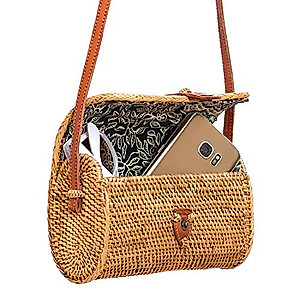 Rattan Bags for Women - Handmade Wicker Woven Purse Handbag Circle Boho Bag Bali 8" x 3" x 5" (20cm x 7cm x 12cm)