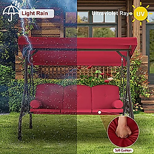 GYUTEI 3-Seat Outdoor Patio Swing Chair,Porch Swing Chair with Adjustable Backrest and Canopy,Outdoor Porch Swing Glider Chair,w/Cushions,Pillows and Cup Holders for Porch, Backyard(Wine RED)