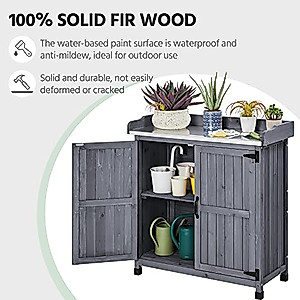 Yaheetech Garden Potting Bench Table - Outdoor Garden Patio Wooden Storage Cabinet & Solid Wood Planting Work Bench with Large Space Storage & Metal-Plated Tabletop, Gray