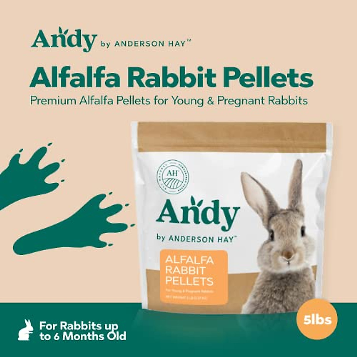 Andy Alfalfa Hay Pellets, Premium Bunny Food for Rabbits, Alfalfa Pellets for Pregnant Bunnies, Young Rabbit Food, Rich in Calcium and Protein, 5 lbs Bag