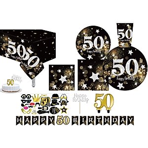 Serves 30 | Essential 50th Party Pack | Happy 50th Birthday | 9" Dinner Paper Plates | 7" Dessert Paper Plates | 12 oz Cups | 3 Ply Napkins | Cake Topper | Candle | Photo Props | Banner | Tablecover