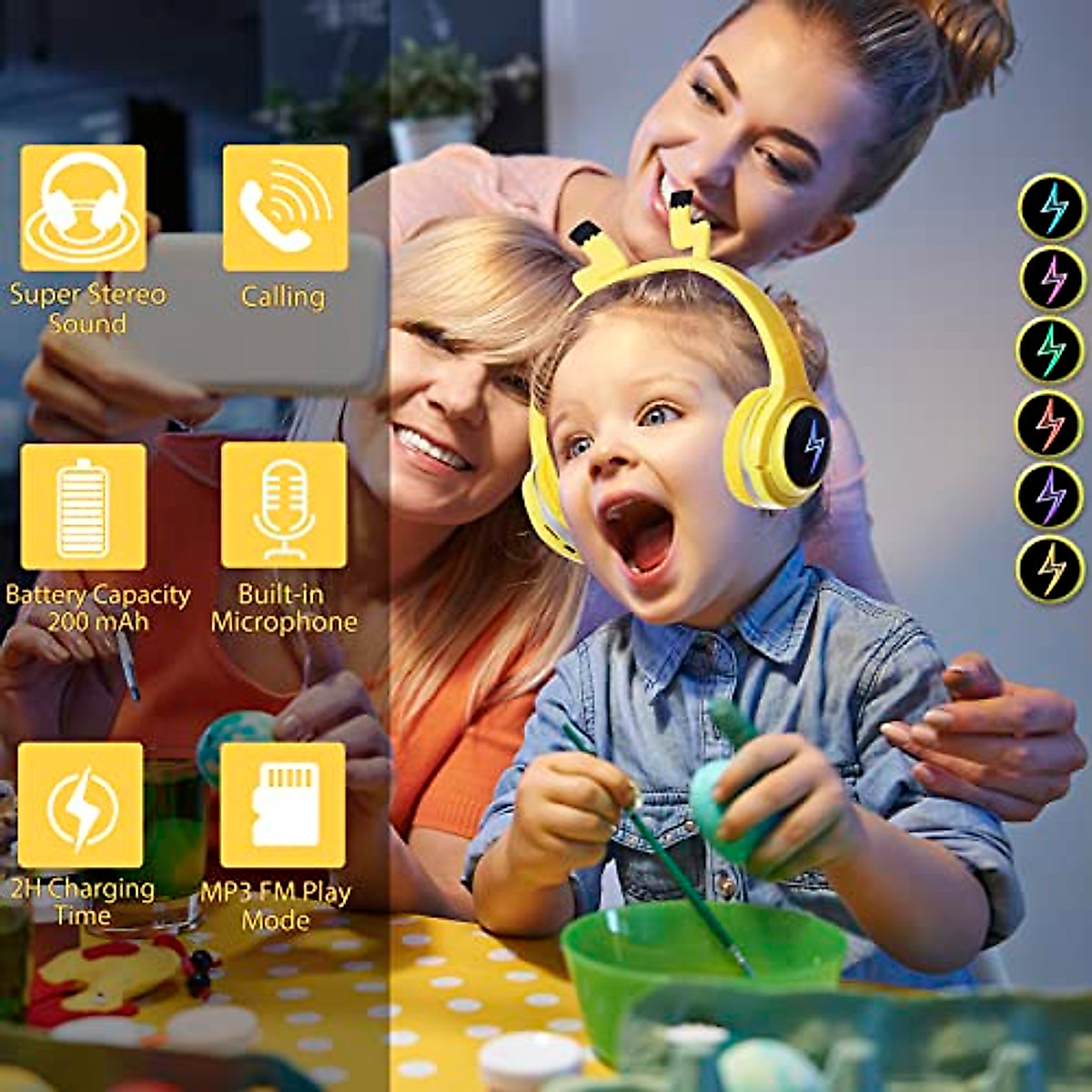 YLFASHION Kids Headphones Bluetooth Headphones, Colorful LED Lights Wireless Cartoon Headphones，Over Ear Headphones Built-in Mic for Children/School/iPad/Tablet/Airplane