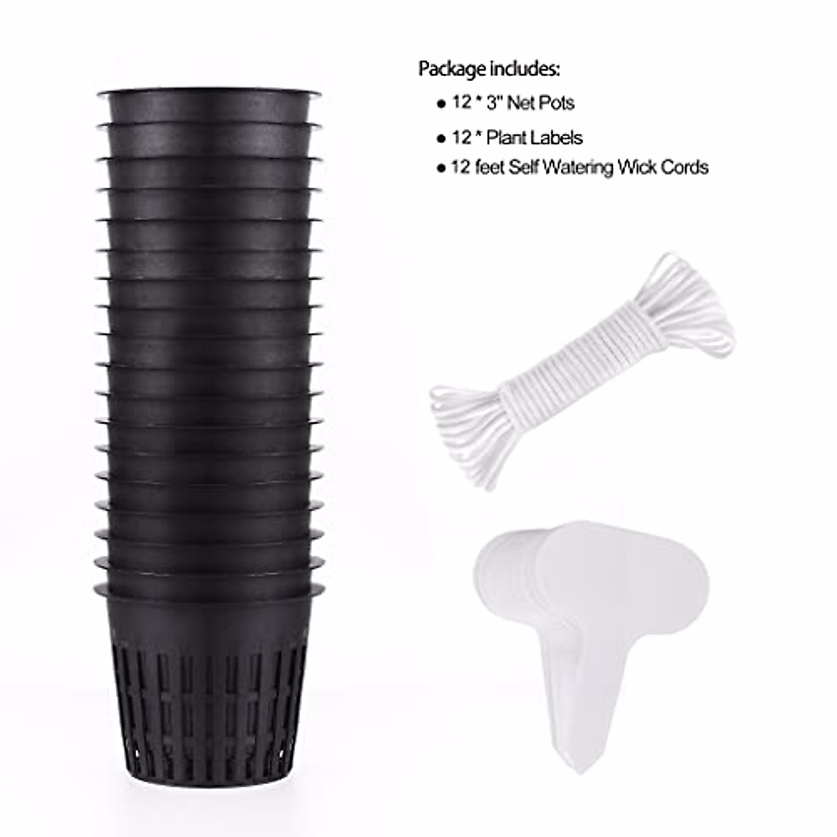 12 Pack 3 inch Net Cup Pots with 12 feet Hydroponic Self Watering Wick & 12 Plant Labels Aquaponics Mason Jar Bucket Insert Orchid kratky Vegetable Gardening Growing Netted Baskets Slotted Mesh