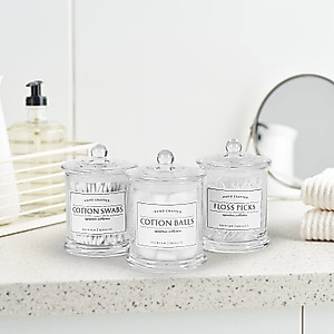 Volisnova 2 Pack Farmhouse Apothecary Jars with Lids - Glass Qtip Dispensers and Cotton Ball Holders for Bathroom Vanity Storage and Organization with 8 Pcs Wterproof Labels (Clear Glass)