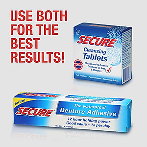 Secure Waterproof Denture Adhesive - Zinc Free - Extra Strong Hold For Upper, Lower or Partials - 1.4 oz (Pack of 2)