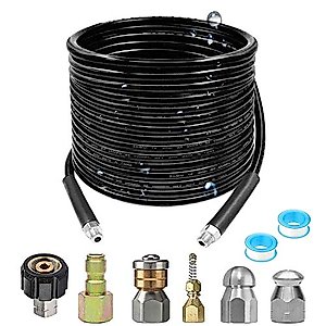Selkie Pressure Washer Sewer Jetter Kit - 100Ft Hydro Drain Jetter Cleaner Hose, Corner, Rotating and Button Nose Sewer Jetting Nozzle Waterproof Tape,Orifice 4.0 4.5,1/4 Inch NPT,5800 PSI