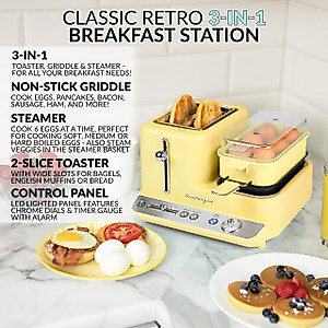 Nostalgia Retro 3-in-1 Breakfast Station, 2-Wide Slot Breakfast Station, Yellow