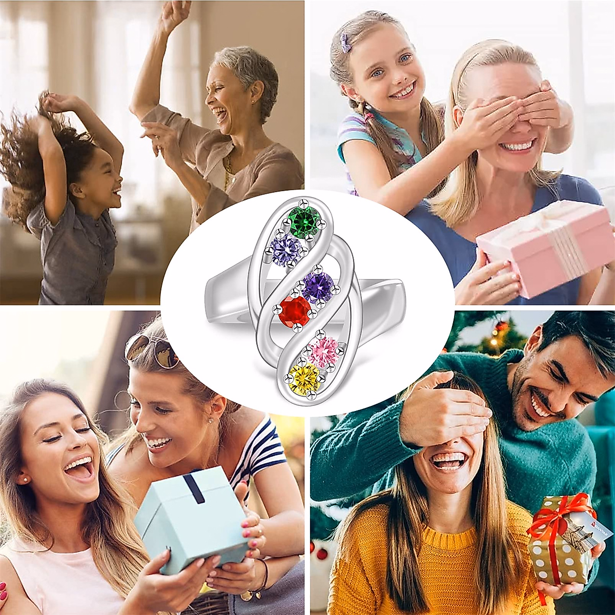 ORFANDE Personalized Mothers Ring with 1-7 Simulated Birthstones Custom Birthstone Ring for Women Engraved Birthstone Ring for Mother Grandma