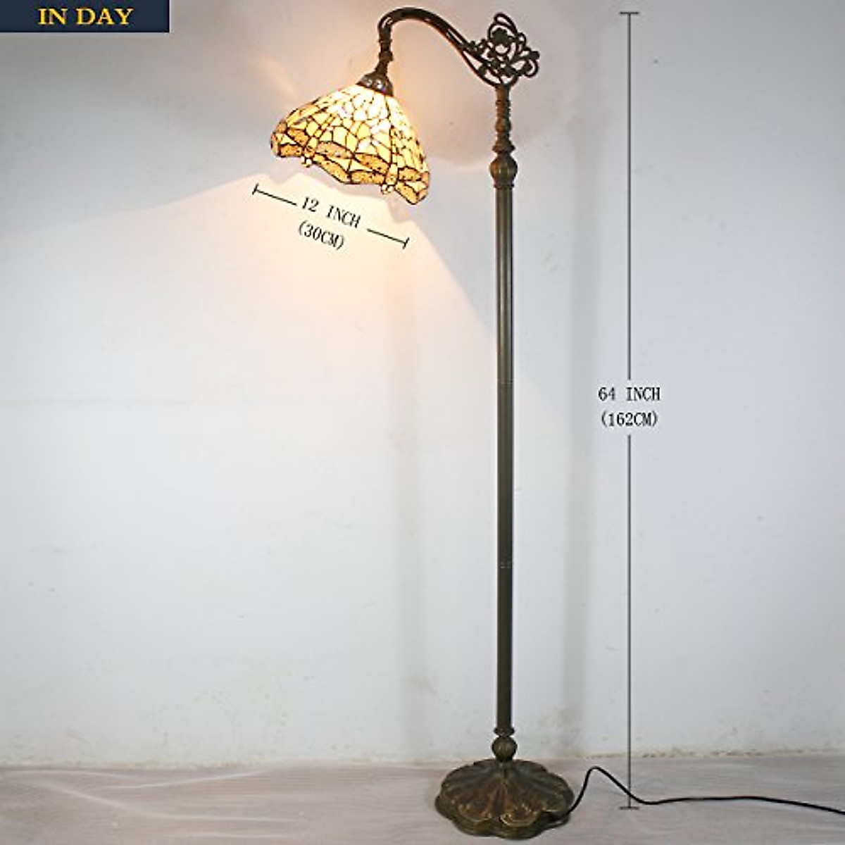 WERFACTORY Tiffany Floor Lamp Cream Stained Glass Dragonfly Arched Lamp 12X18X64 Inches Gooseneck Adjustable Corner Standing Reading Light Decor Bedroom Living Room S139 Series