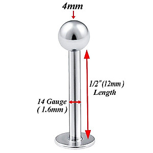 bodyjewellery 4pcs 14g Labret Studs Lip Ring Snake Spider Bite Forward Helix Monroe Dahlia Inner Conch Surgical Steel 4mm Ball - 12mm