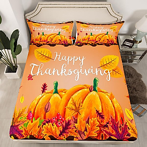 Feelyou Autumn Harvest Bed Sheet Set for Kids Boys Girls 3 Pieces Happy Thanksgiving Day Bedding Set Fall Pumpkin Fitted Sheet with 1 Flat Sheet & 1 Pillowcase Twin Size