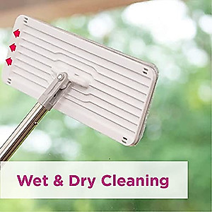CleanZoom Flat Floor Mop and Bucket Set, Hands Free Home Floor Cleaning System, Stainless-Steel Handle, Washable & Reusable Microfiber Mop Pad, Wet and Dry Use, Wall Window Kitchen Cleaner