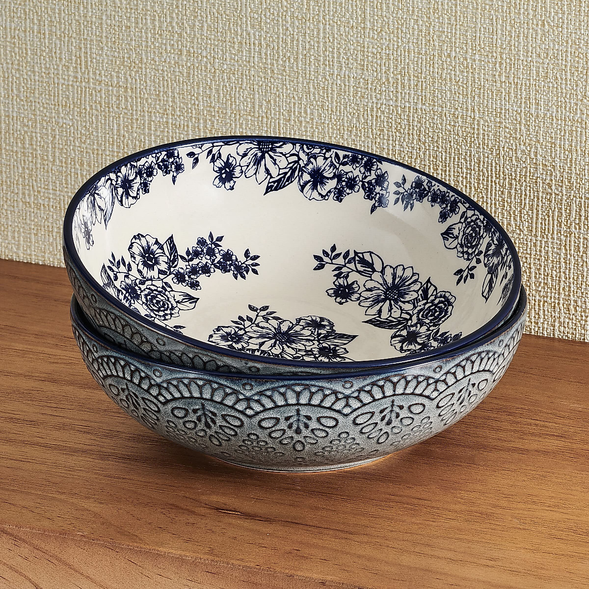 Pfaltzgraff Gabriela Blue Floral Set of 2 Pasta Bowls, 8 Inch, Blue and White