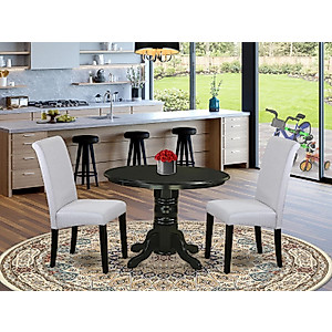 East West Furniture SHBA3-BLK-05 3 Piece Kitchen Table & Chairs Set Contains a Round Dining Room Table with Pedestal and 2 Grey Linen Fabric Parson Dining Chairs, 42x42 Inch, Black