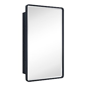 TEHOME Farmhouse Matt Black Recessed Bathroom Medicine Cabinet with Mirror Rounded Rectangle Metal Framed Medicine Cabinet with Beveled Mirror 20x30''