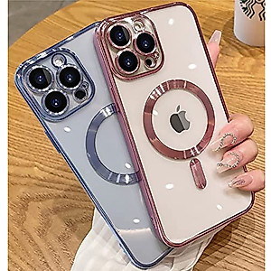 IKWZ Magnetic Clear Case for iPhone 14 Pro Max Case Compatible with MagSafe Camera Protector Gold Electroplate Edge Shockproof Soft Case for iPhone 14 Pro Max Case (6.7 Inch) (Blue)