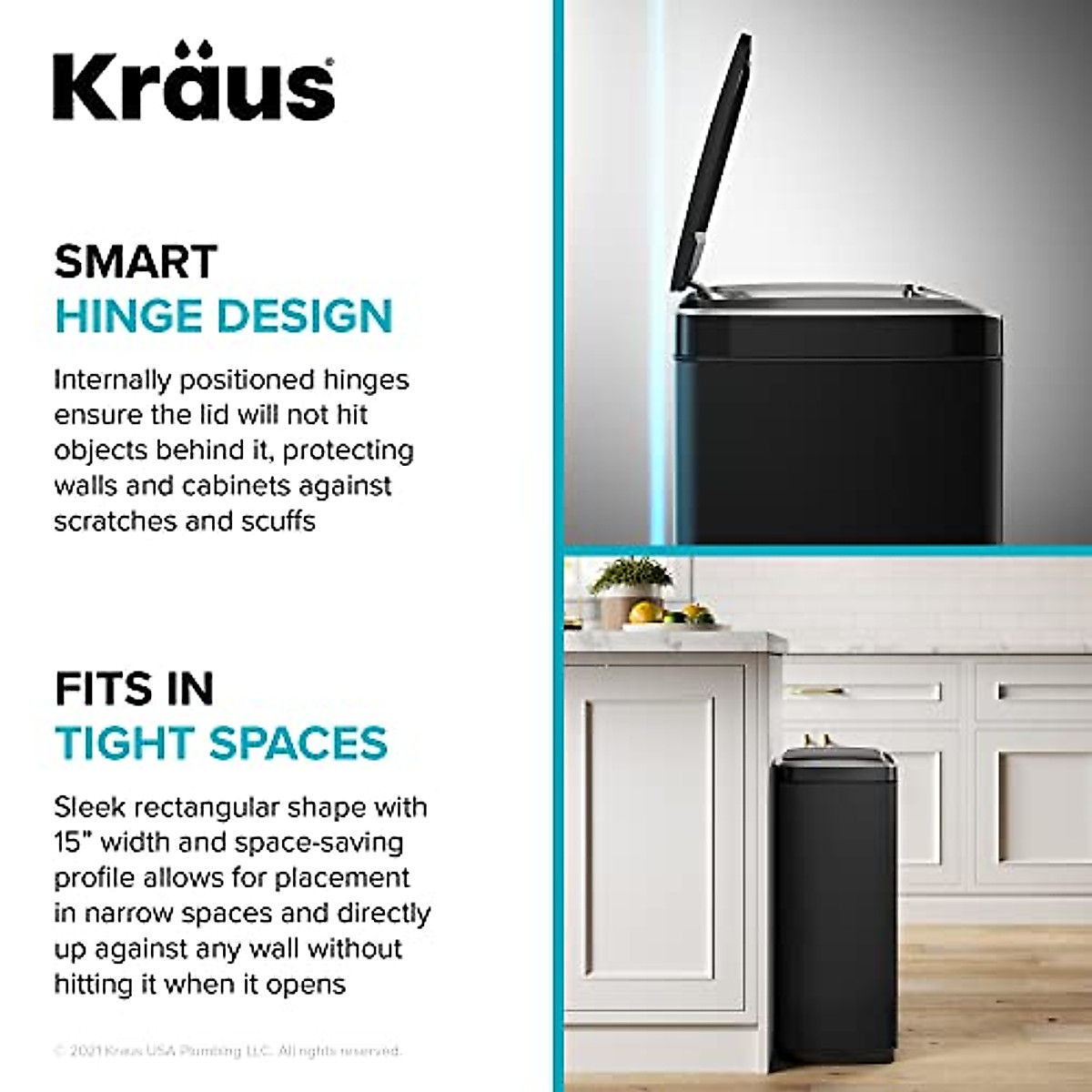 Kraus KTCS-10MB GarbagePro Rectangular 13 Gallon Hands-Free Motion Sensor Trash Can Battery Operated in Matte Black Finish with SoftShut Touchless Lid
