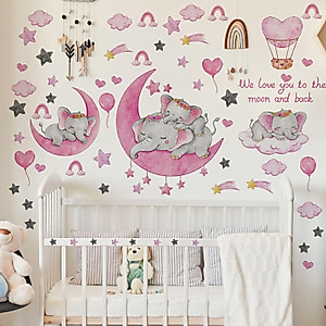 Suplanet Baby Girl Nursery Wall Decor, Elephant Nursery Wall Decal, Moon and Stars Nursery Decor, Baby Nursery Decor Girl, Baby Elephant Nursery Decor, Baby Room Decor Girl, Nursery Wall Stickers