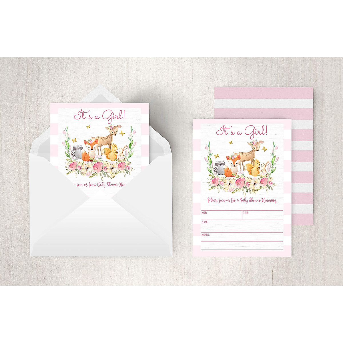 Your Main Event Prints Pink Woodland Baby Shower Invitations, Forest Animal Baby Shower Invitations for girl, with Bear, Raccoon, Deer, Baby Sprinkle, 20 Fill in Invitations and Envelopes
