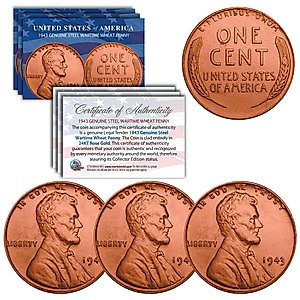 1943 WWII Steel Lincoln Wheat Penny Coin Genuine Rose Gold Plated COA - Qty of 3
