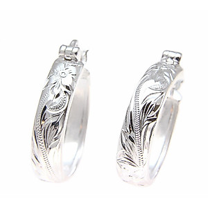 20mm Sterling silver 925 Hawaiian plumeria flower scroll oval hoop earrings